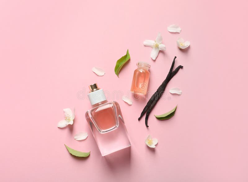Flat Lay Composition with Elegant Perfume on Background Stock Image ...