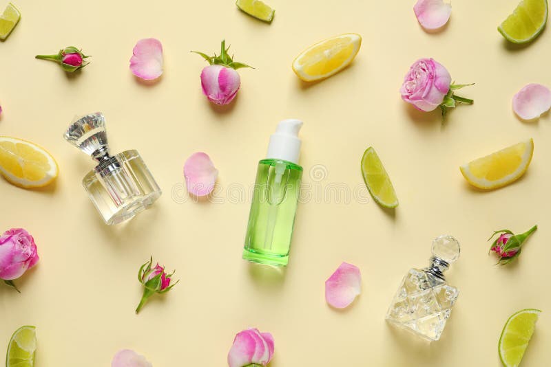 Flat Lay Composition with Elegant Perfumes on Background Stock Photo ...