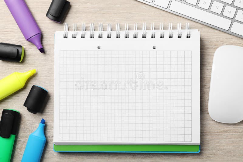Flat Lay Composition with Empty Notebook on Wooden Table Stock Image ...