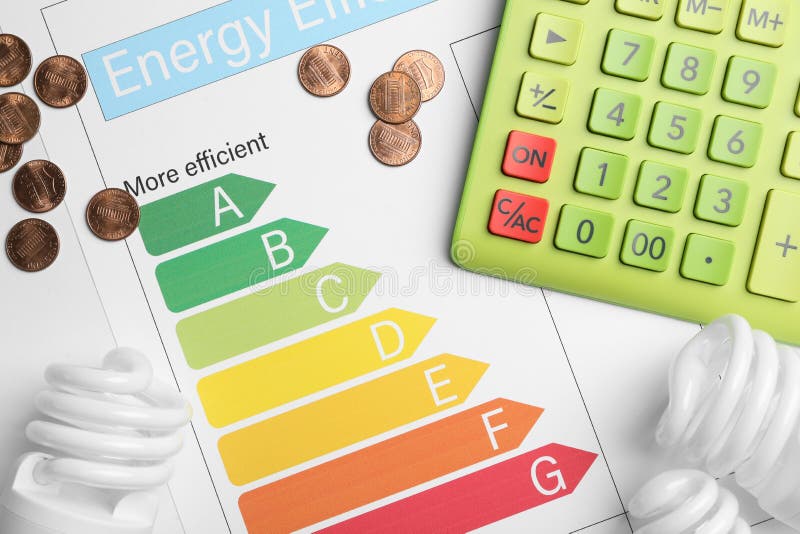 Flat Lay Composition with Energy Efficiency Rating Chart and Calculator ...