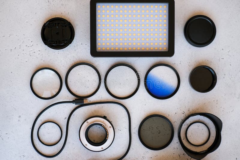 Flat Lay Composition with Equipment for Professional Photographer on ...