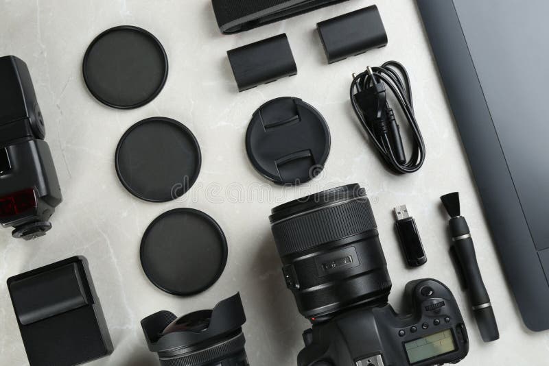 Flat Lay Composition with Equipment for Photographer on Grey Marble ...