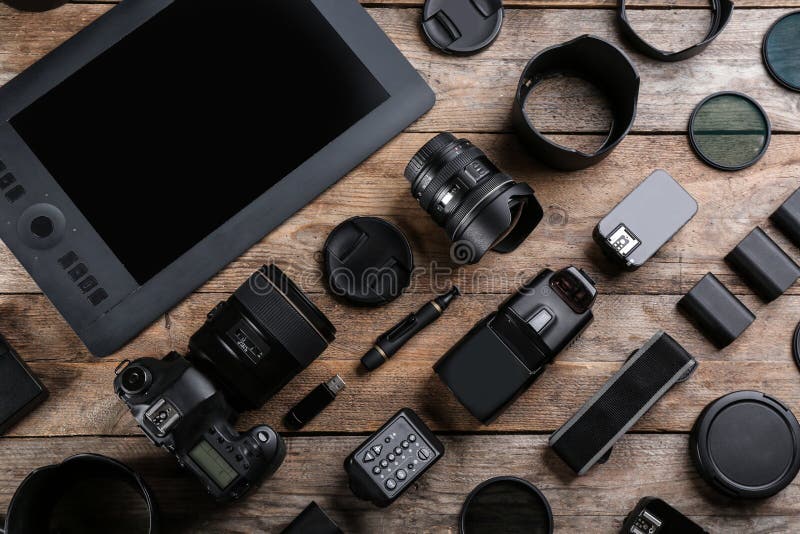 Flat Lay Composition with Equipment for Professional Photographer on ...