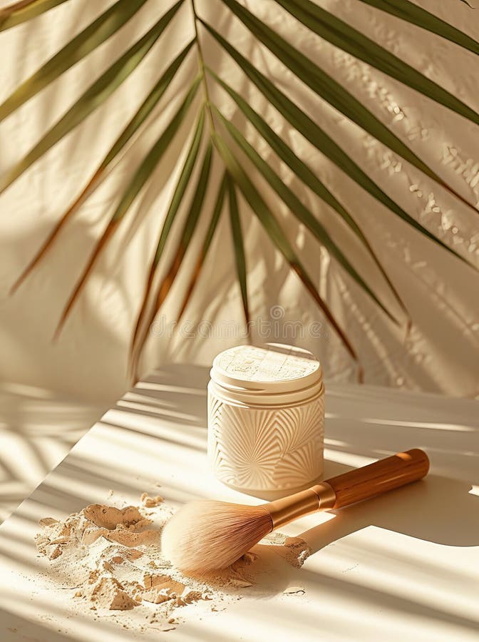 Elegant Powder Brush and Loose Powder Container on White Surface with ...