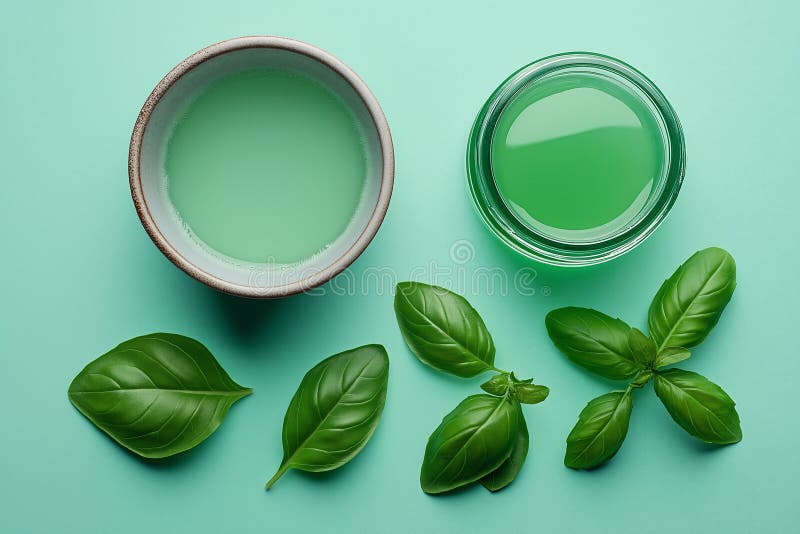 Fresh Basil Leaves and Vibrant Green Liquids Arranged on a Mint-colored ...