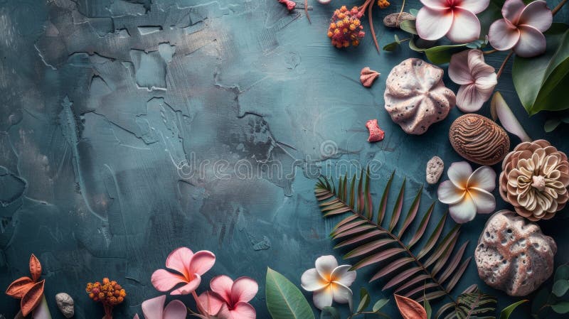 Tropical Flowers and Natural Elements on a Textured Teal Background ...