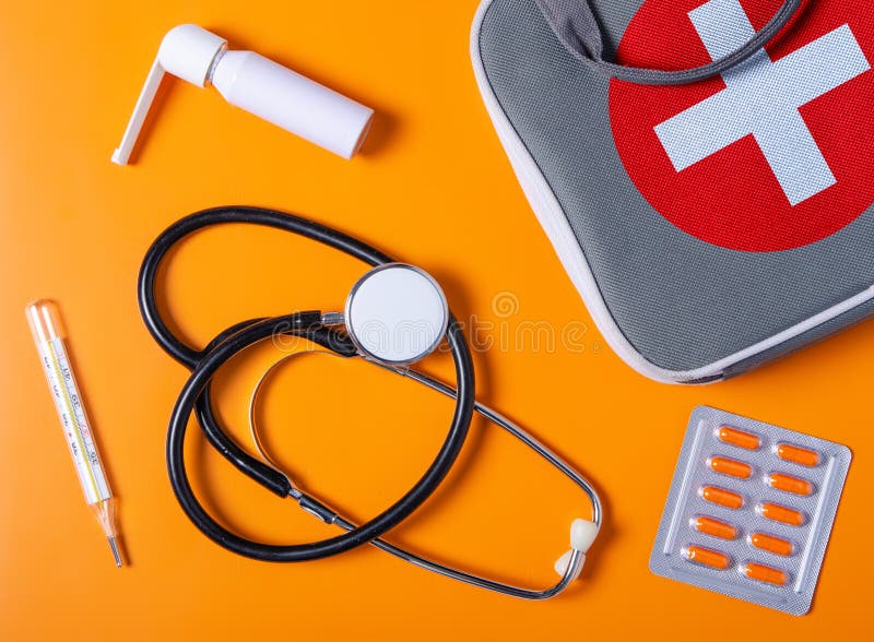 Flat Lay Composition with First Aid Kit, Stethoscope, Thermometer ...