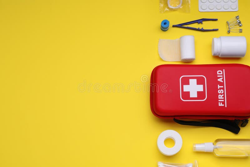 Flat Lay Composition First Aid Kit Yellow Background Stock Photos ...