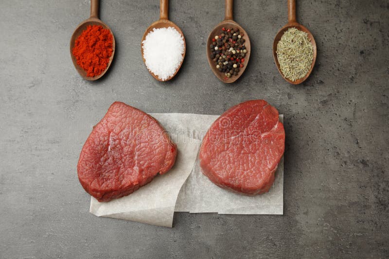 Flat Lay Composition with Fresh Beef Cut on Table Stock Photo - Image ...