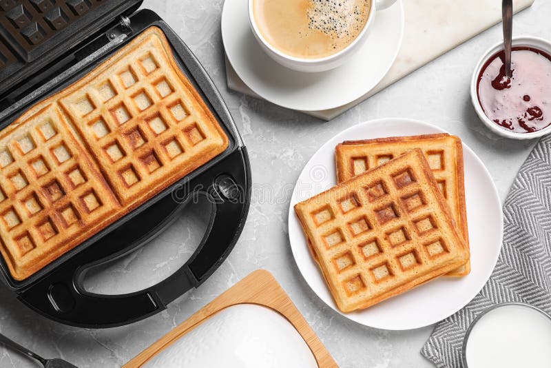Flat Lay Composition with Fresh Belgian Waffles on Grey Marble Table ...