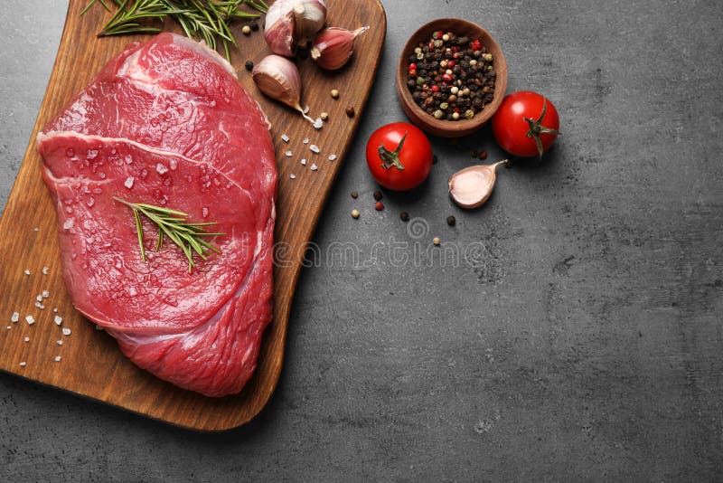 Flat Lay Composition with Fresh Meat on Table. Space for Text Stock ...