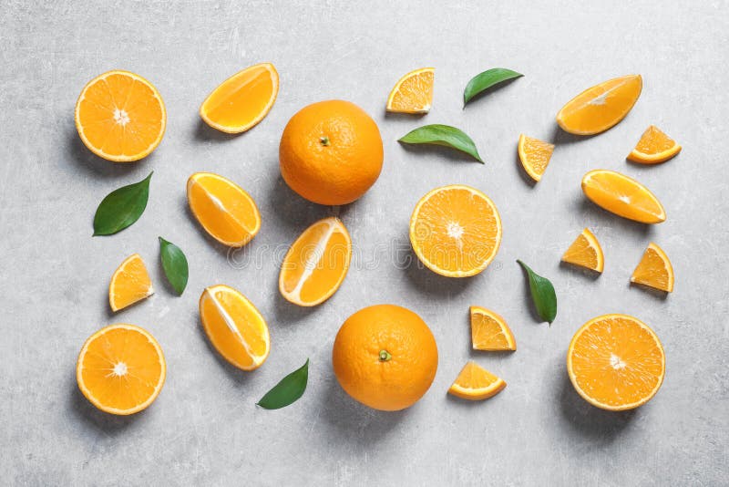 Flat Lay Composition with Fresh Oranges on Grey Stock Image - Image of ...