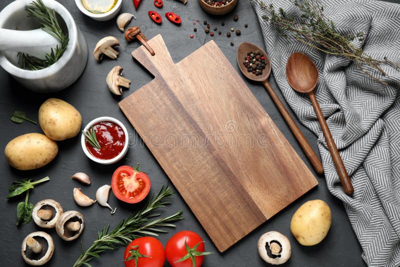Flat Lay Composition with Fresh Products on Black Table, Space for Text ...