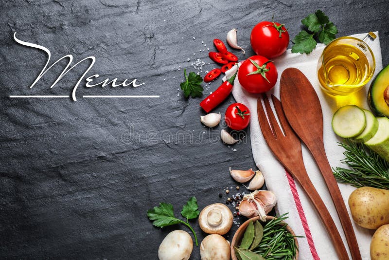 Flat Lay Composition with Fresh Products and Word Menu on Table, Space ...