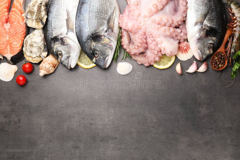 Flat Lay Composition with Fresh Raw Dorado Fish and Different Seafood ...