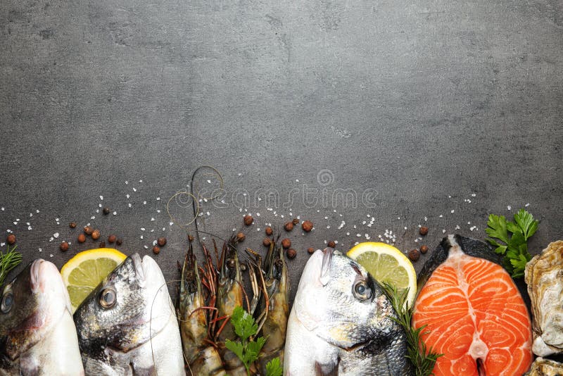 Flat Lay Composition with Fresh Raw Dorado Fish and Different Seafood ...