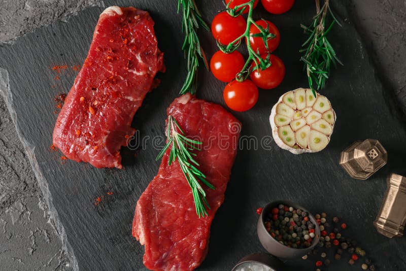 Flat Lay Composition with Fresh Raw Meat, Vegetables and Spices on ...