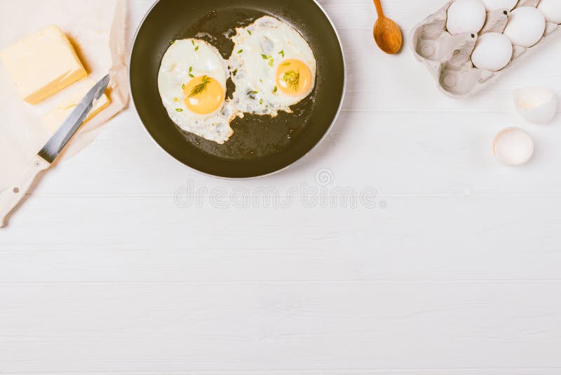 Flat Lay Composition Fried Eggs in Frying Pan Stock Image - Image of ...