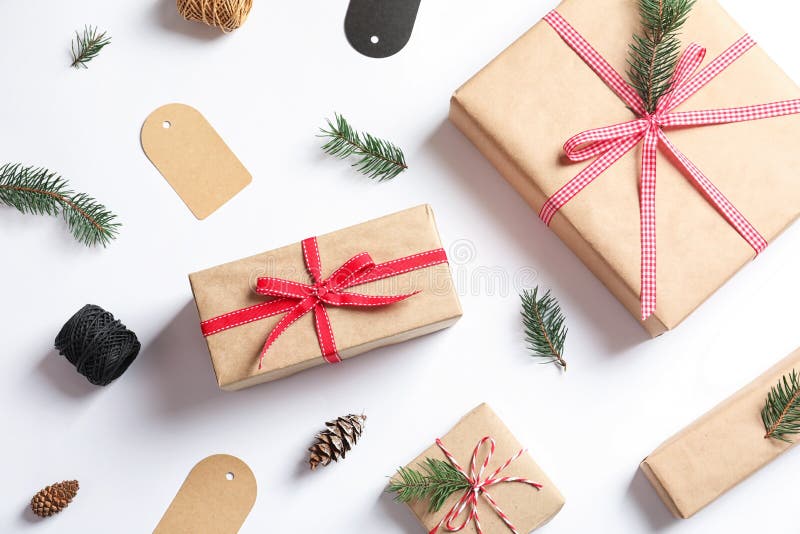 Flat Lay Composition with Gift Boxes Stock Photo - Image of branches ...