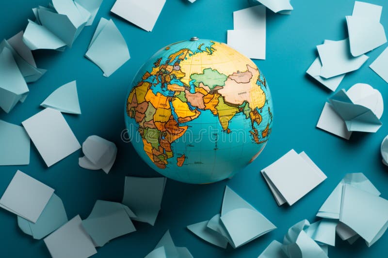 Flat Lay Composition a Globe Surrounded by Scattered Sheets of Paper ...