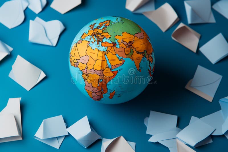 Flat Lay Composition a Globe Surrounded by Scattered Sheets of Paper ...