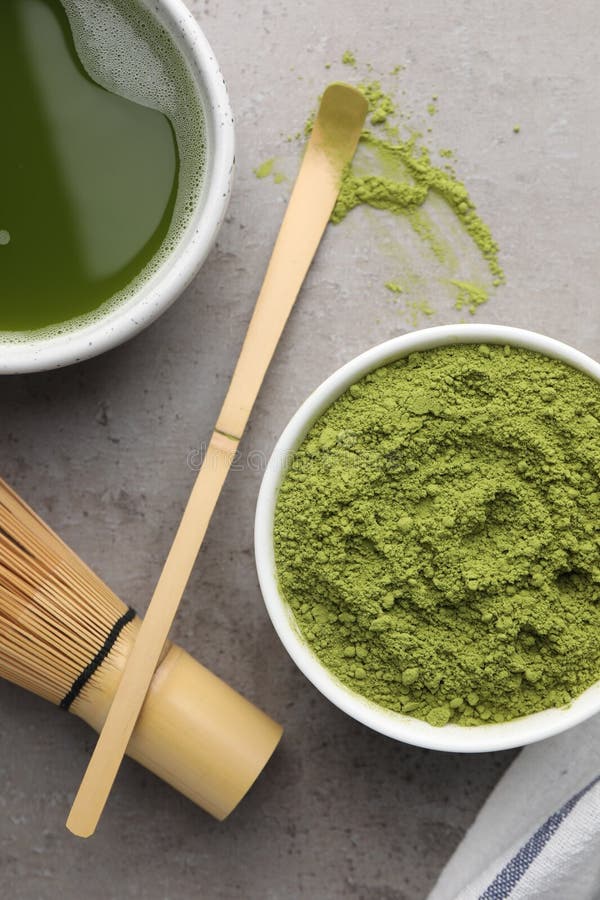 Flat Lay Composition with Green Matcha Powder and Fresh Beverage on ...