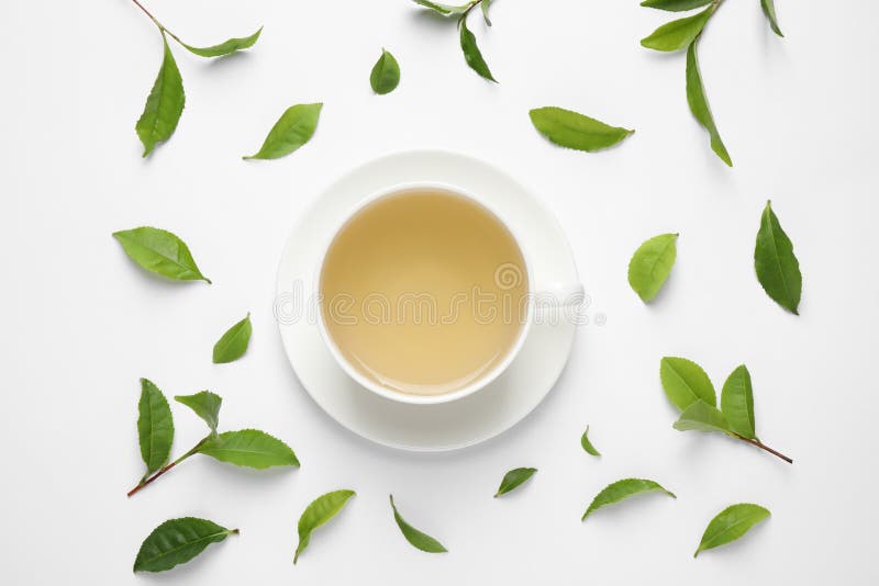 Flat Lay Composition with Green Tea on White Background Stock Photo ...