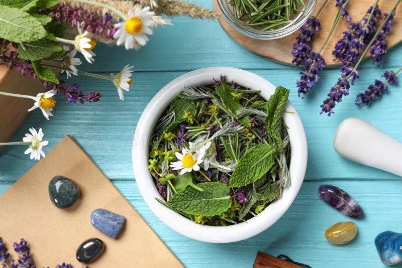 Flat Lay Composition with Healing Herbs and Gemstones on Blue Wooden ...