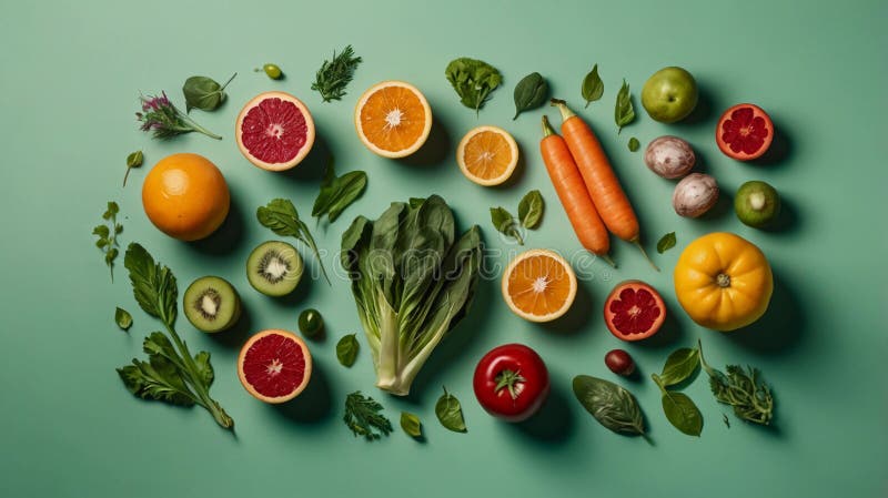 Flat Lay Composition of Healthy Food, Vegetable and Fruit on Side of ...