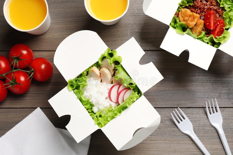 Flat Lay Composition with Healthy Takeaway Food on Wooden Table Stock ...