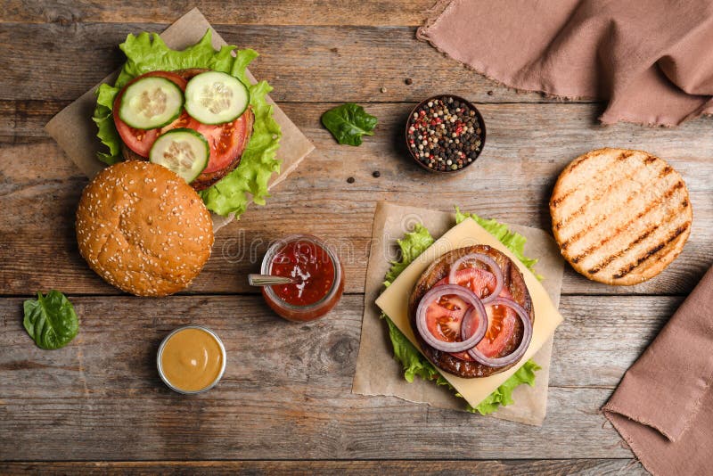 Flat Lay Composition with Ingredients for Burger Stock Image - Image of ...