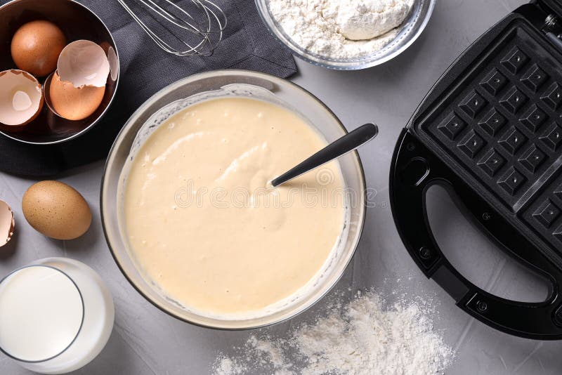 Flat Lay Composition with Ingredients for Cooking Waffles on Grey Table ...