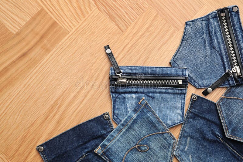 Flat Lay Composition with Jeans Pockets on Table Stock Photo - Image of ...