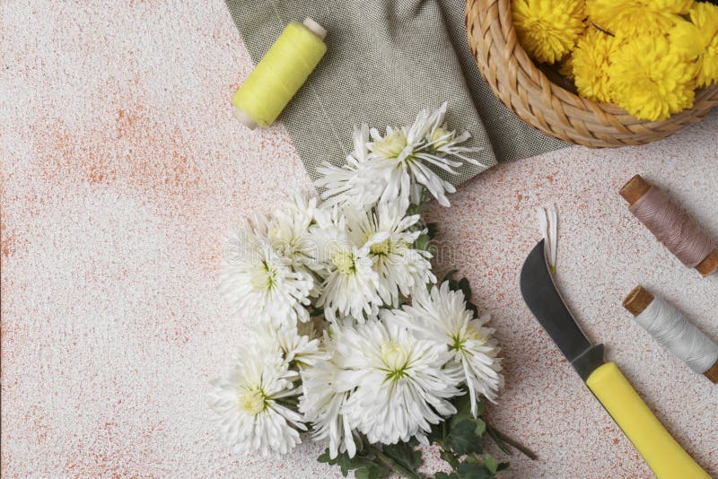 Flat Lay Composition with Knife, Threads and Chrysanthemum Flowers on ...