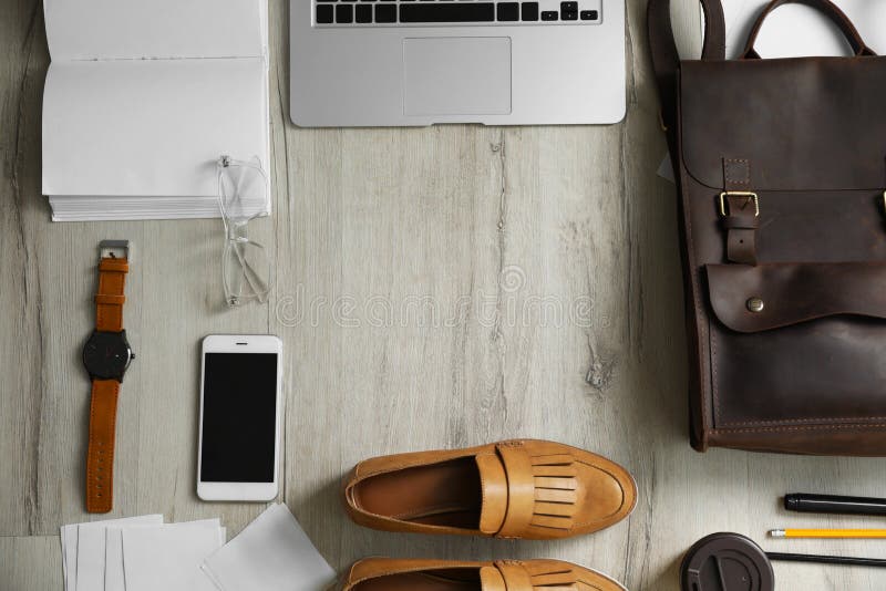 Flat Lay Composition with Laptop and Open Notebook on Wooden Floor ...