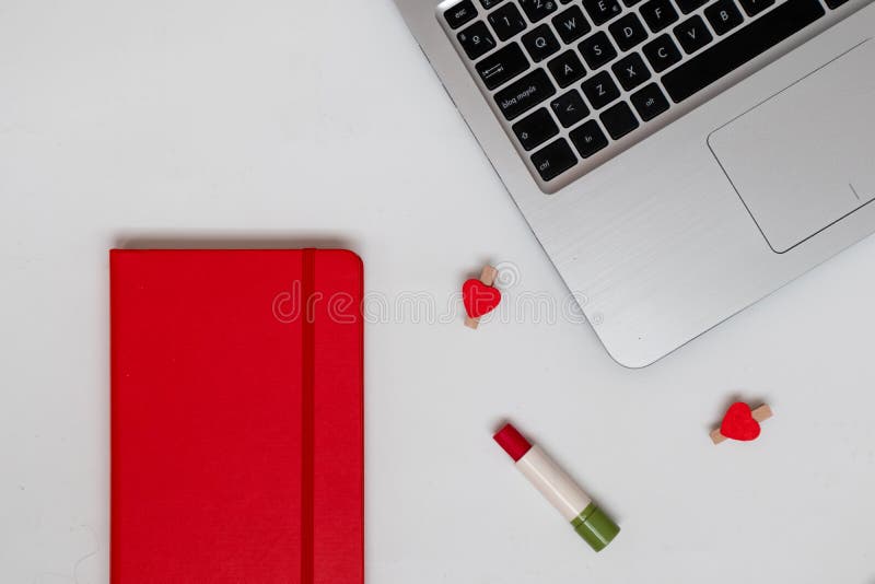 Flat Lay Composition of Laptop with Red Notebook. Workplace at Home ...