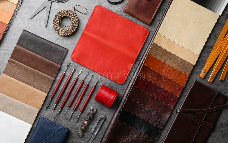 Flat Lay Composition with Leather Samples and Craftsman Tools on Stone ...