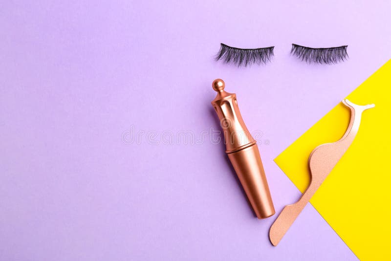 Flat Lay Composition with Magnetic Eyelashes and Accessories on Color ...
