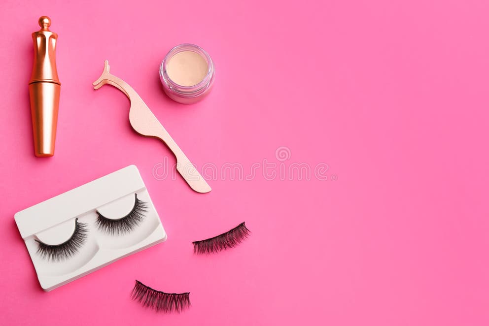 Flat Lay Composition with Magnetic Eyelashes and Accessories on Crimson ...