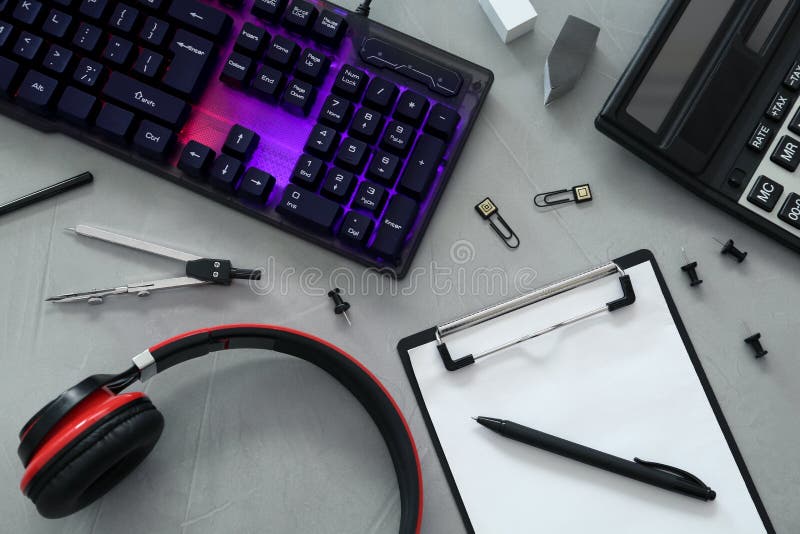 Flat Lay Composition with Modern RGB Keyboard on Table Stock Photo ...
