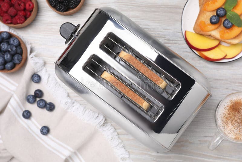 Flat Lay Composition with Modern Toaster on White Wooden Table Stock ...