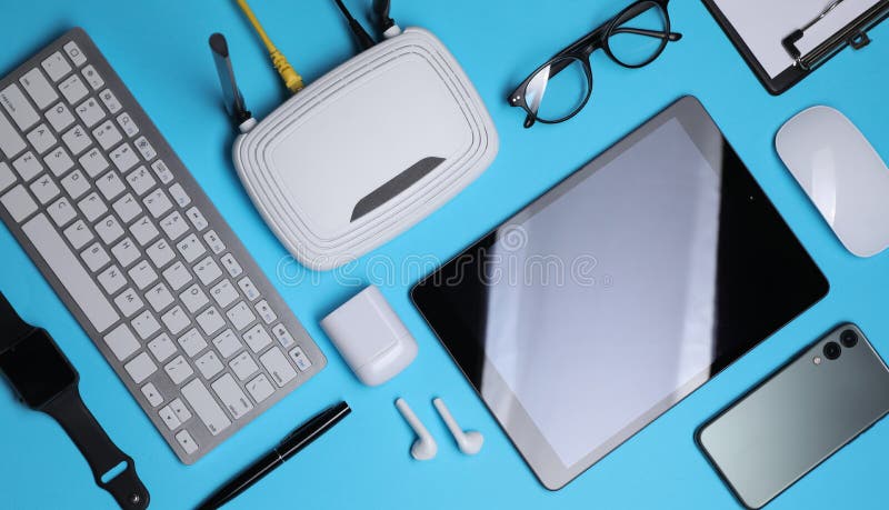 Flat Lay Composition with Modern Wi-Fi Router on Light Blue Background ...