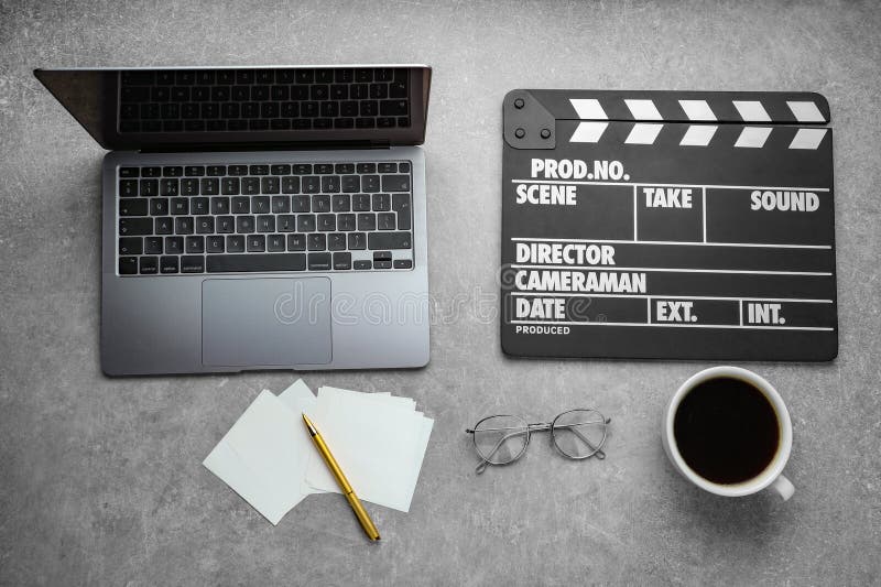Flat Lay Composition with Movie Clapper and Laptop on Grey Textured Table Stock Image - Image of ...