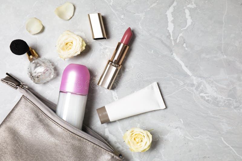 Flat Lay Composition With Natural Female Deodorant And Cosmetics On