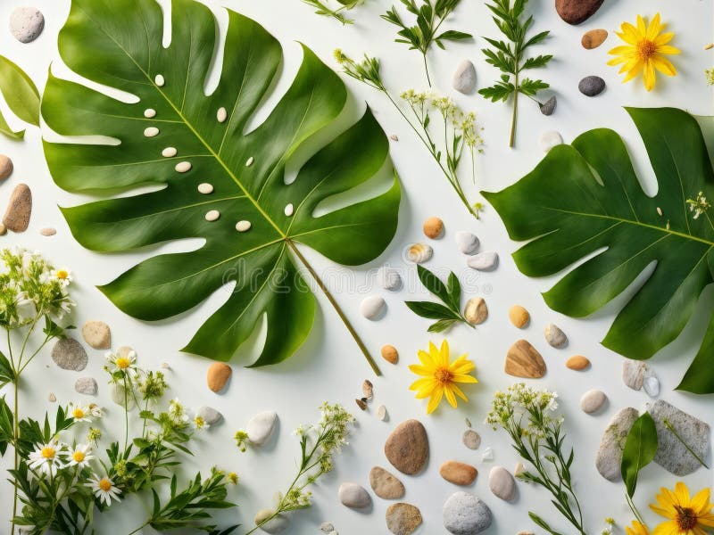 Flat Lay Composition with Natural Tropical Leaves and Exotic Flowers on ...
