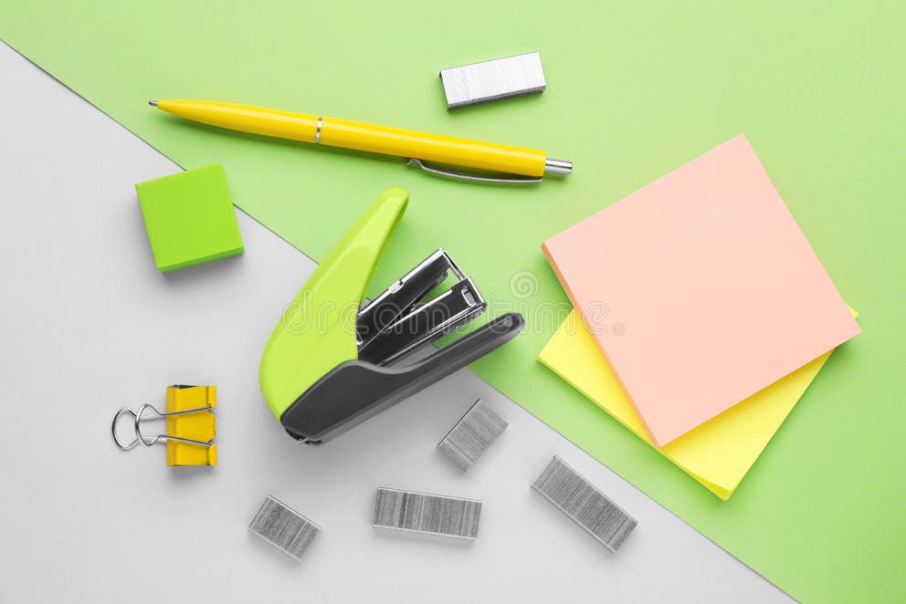 Flat Lay Composition with New Stapler on Color Background Stock Photo ...