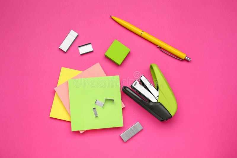 Flat Lay Composition with New Stapler on Pink Background Stock Photo ...