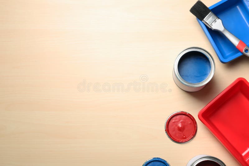 Flat Lay Composition with Paint Cans and Brush Stock Photo - Image of ...