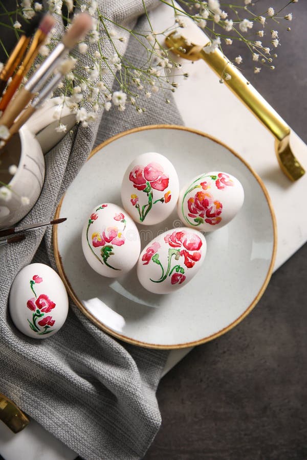 Flat Lay Composition with Painted Easter Eggs on Dark Table Stock Photo ...