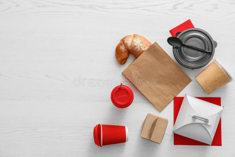Flat Lay Composition with Paper Bag and Different Takeaway Items on ...